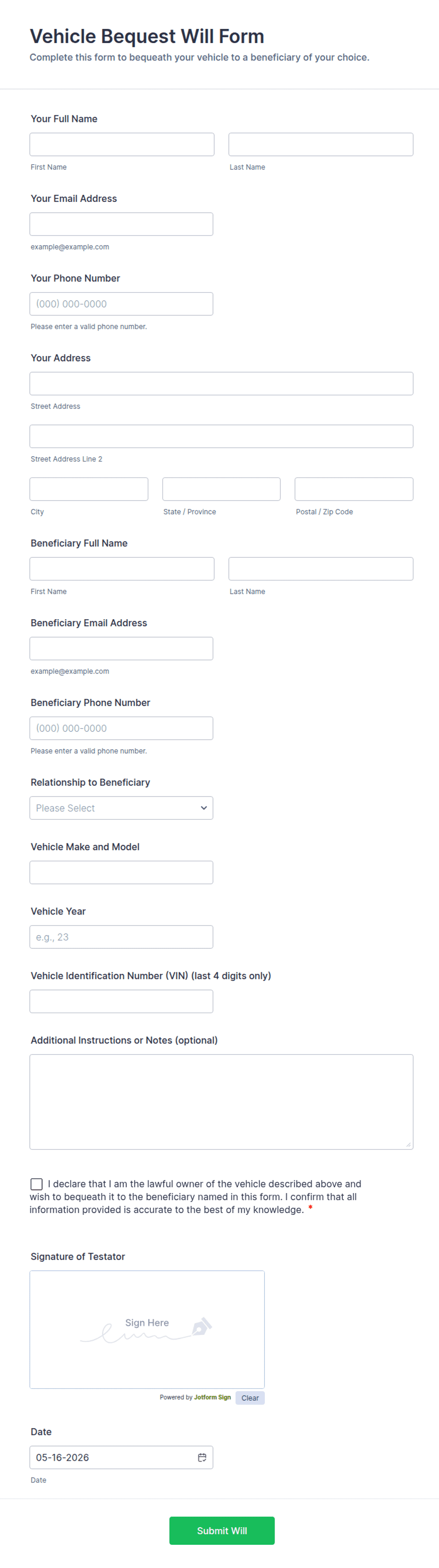 Vehicle Bequest Will Form Template | Jotform