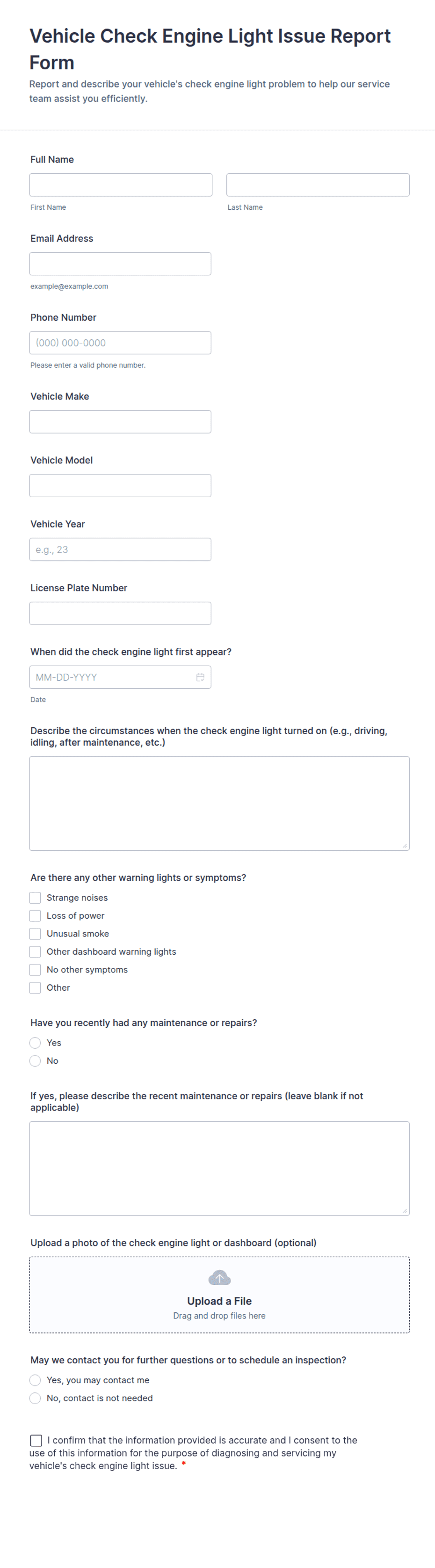 Vehicle Check Engine Light Issue Report Form Template | Jotform