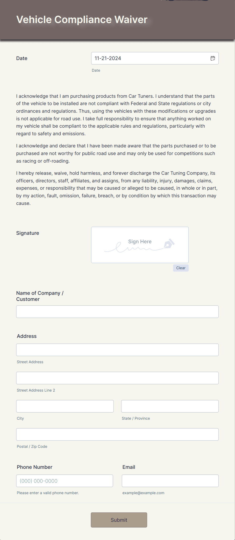Vehicle Compliance Waiver Form Template | Jotform