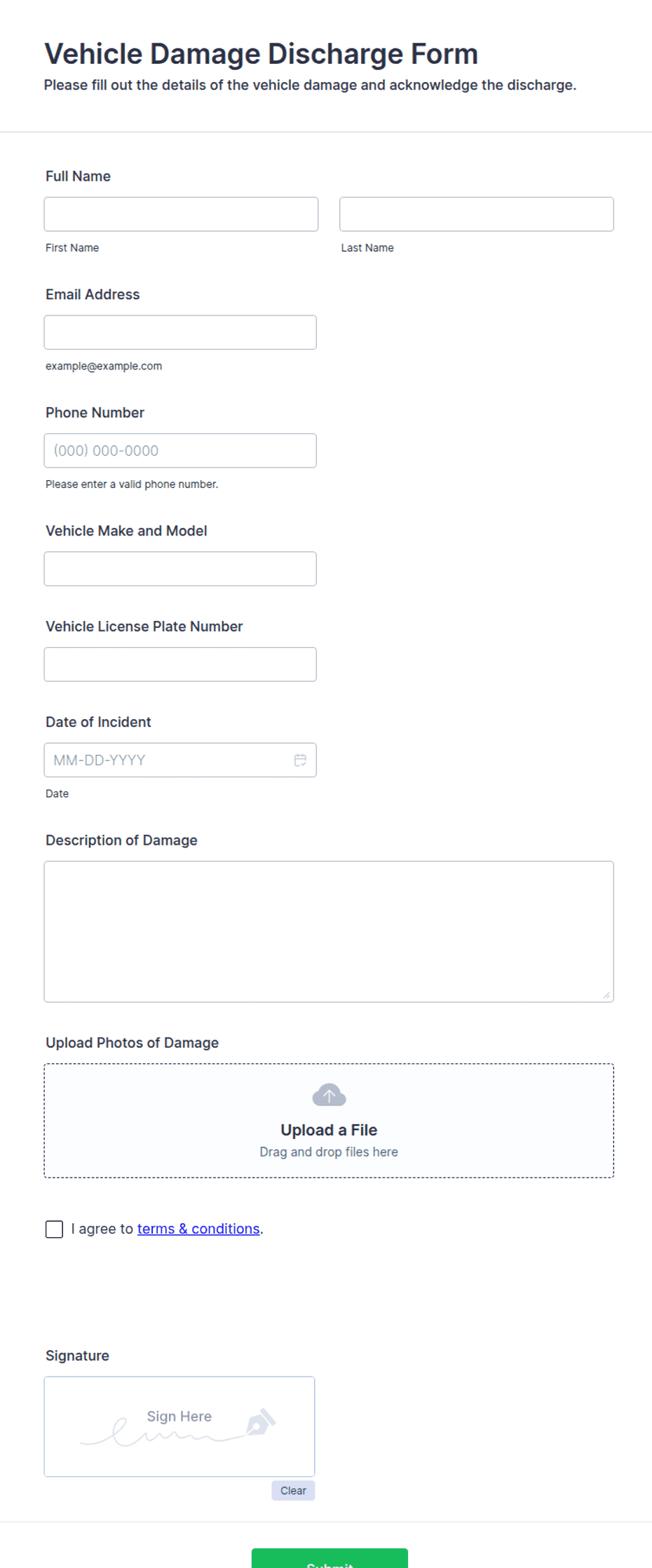 Vehicle Damage Discharge Form Template | Jotform