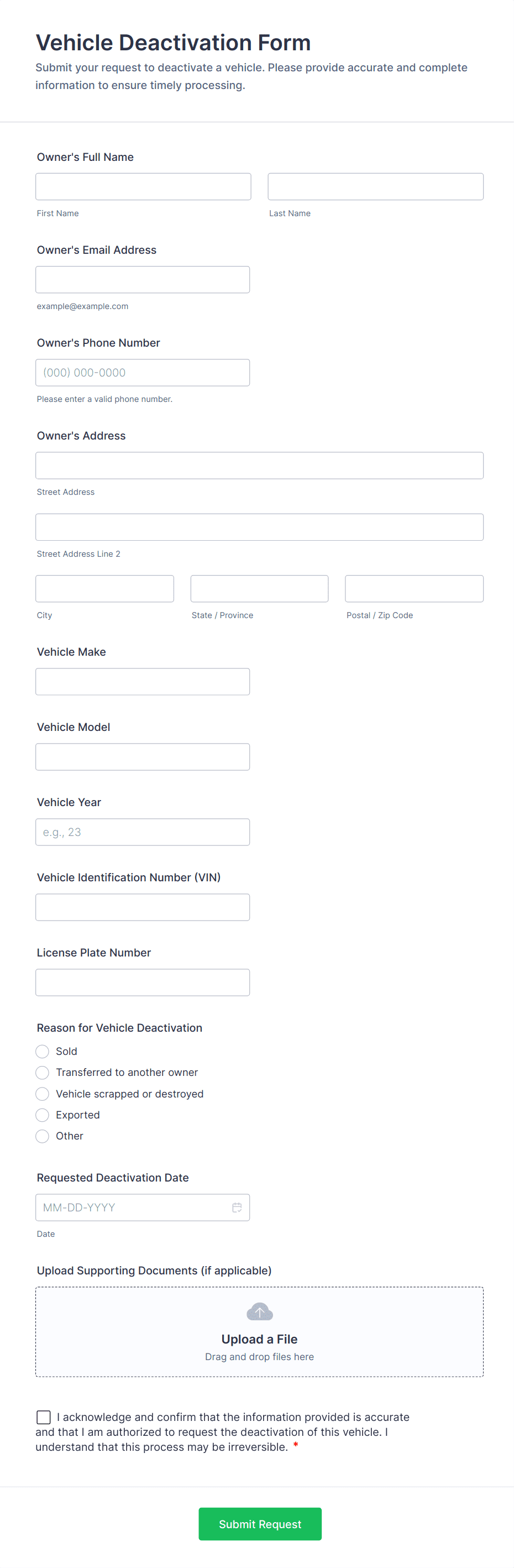 Vehicle Deactivation Form Form Template | Jotform