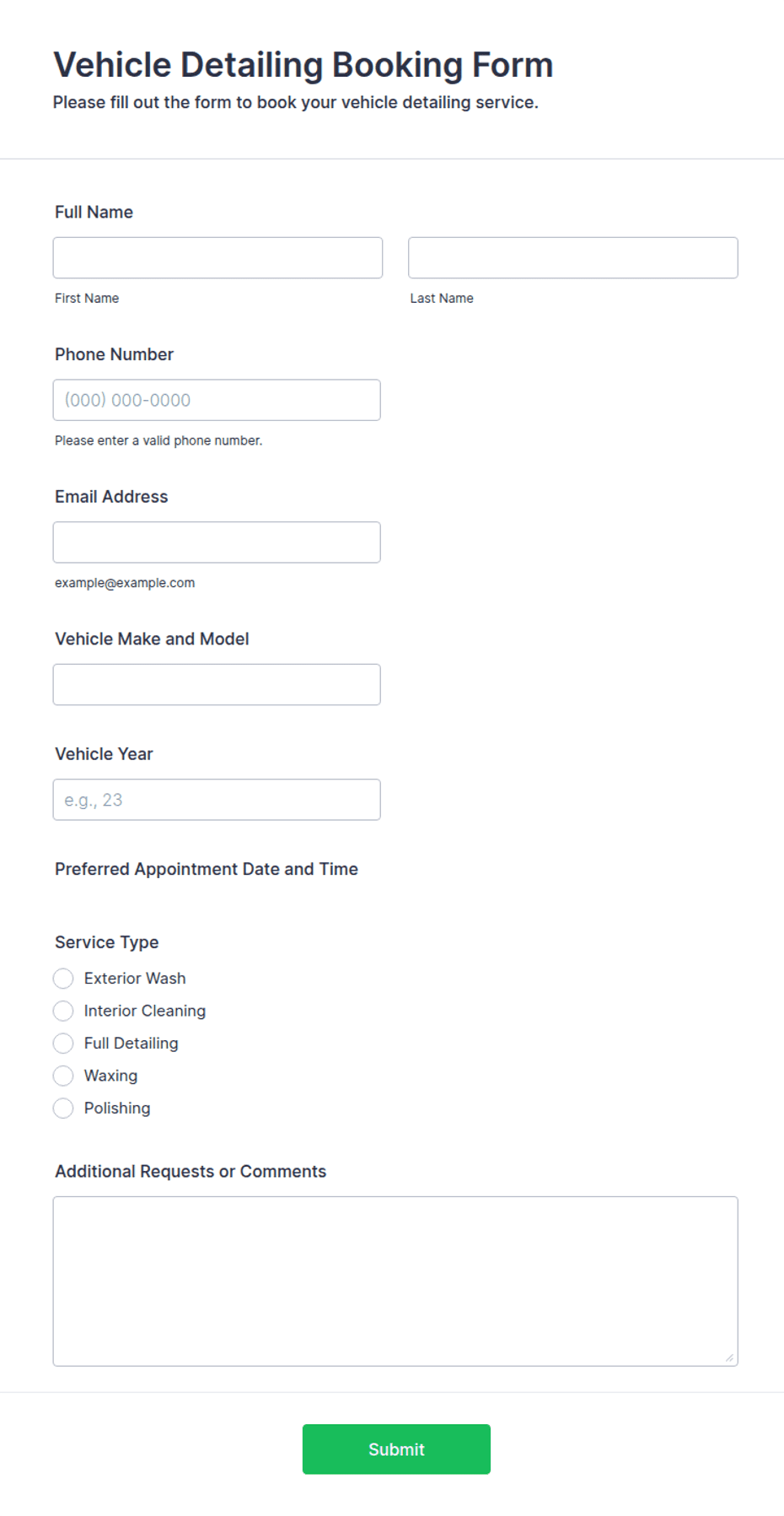 Vehicle Detailing Booking Form Template | Jotform