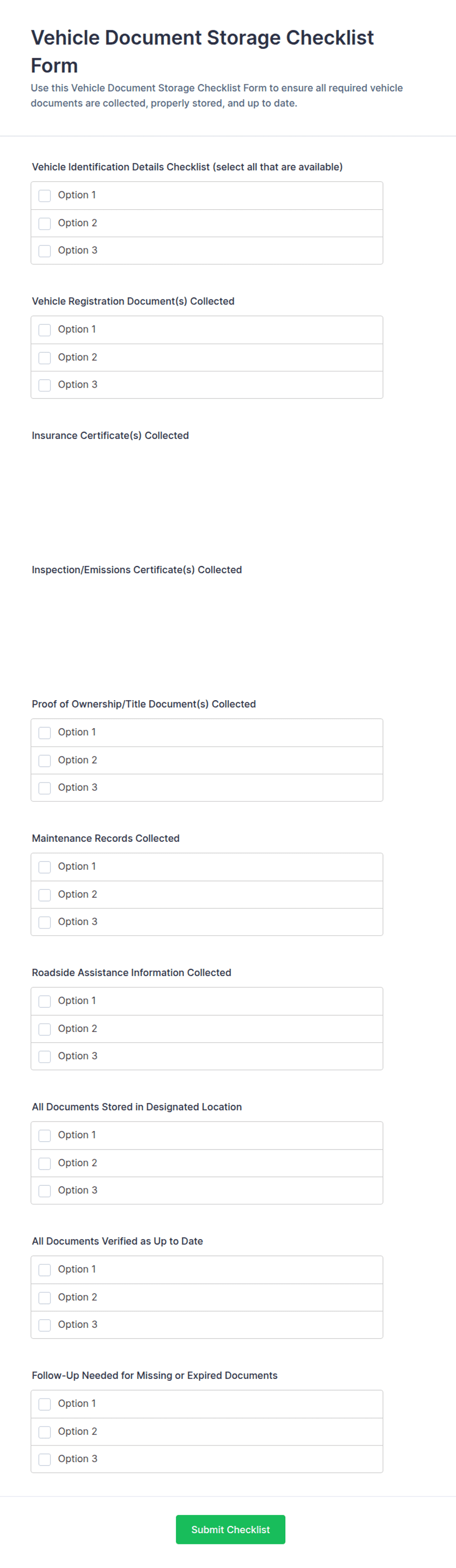 Vehicle Document Storage Checklist Form Template | Jotform