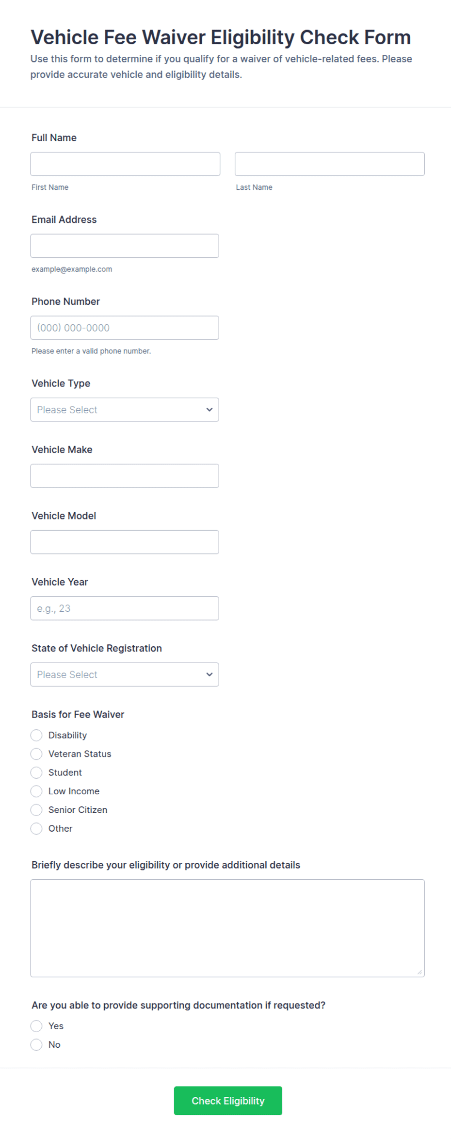 Vehicle Fee Waiver Eligibility Check Form Template | Jotform