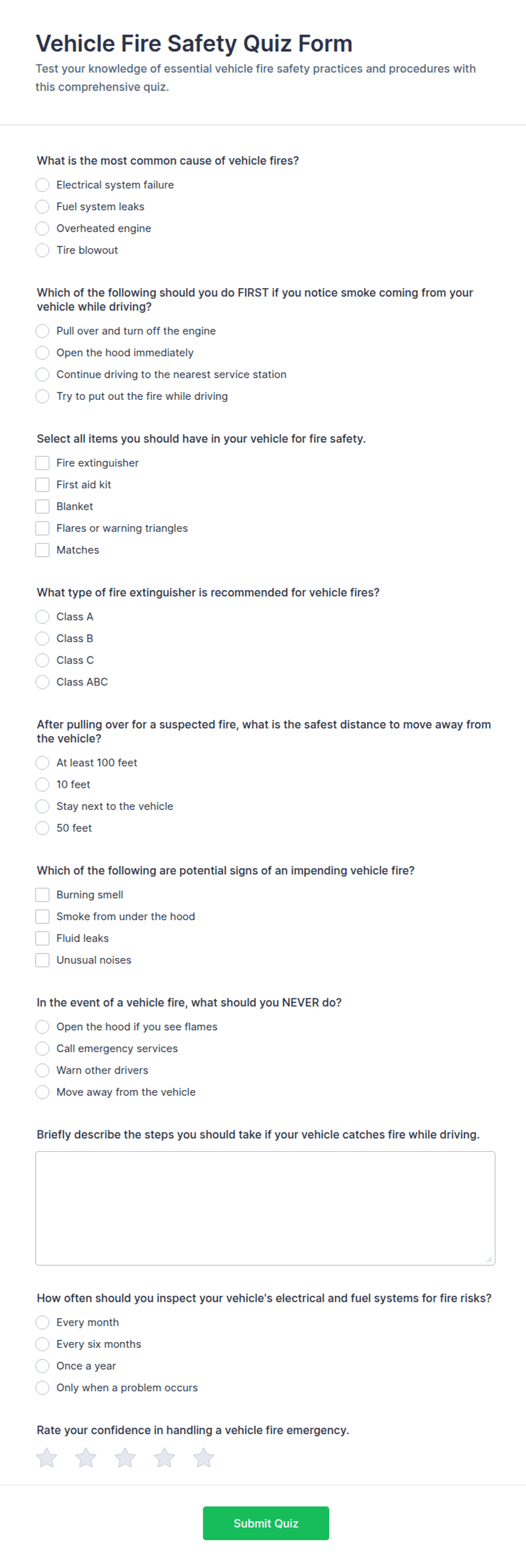 Vehicle Fire Safety Quiz Form Template | Jotform