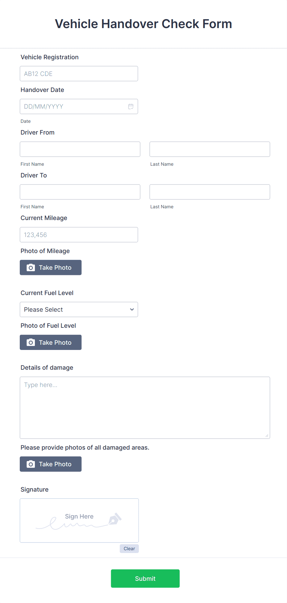 Vehicle Handover Check Form Template | Jotform