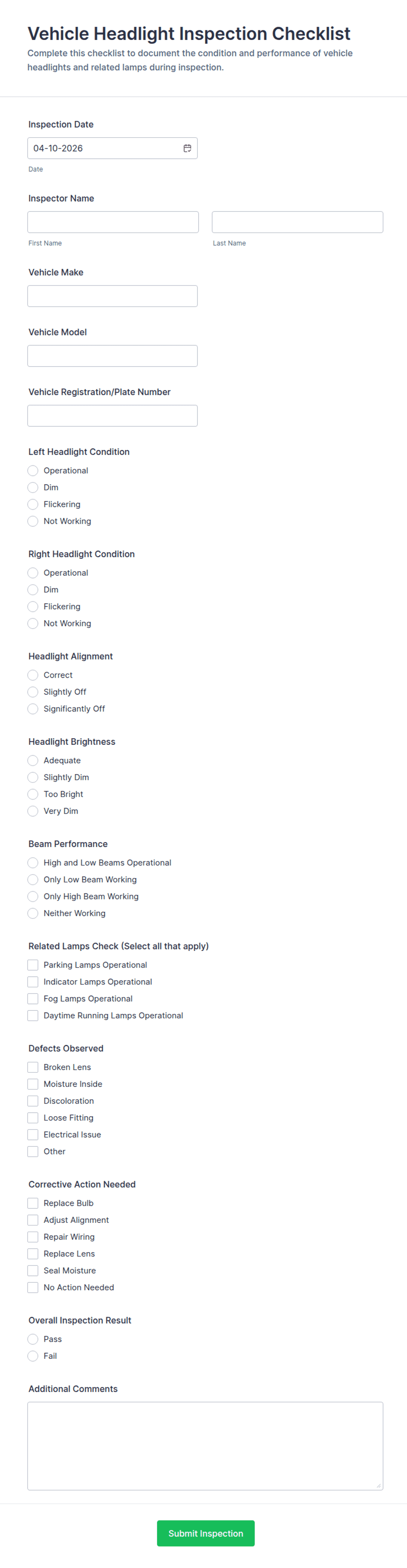 Vehicle Headlight Inspection Checklist Form Template | Jotform
