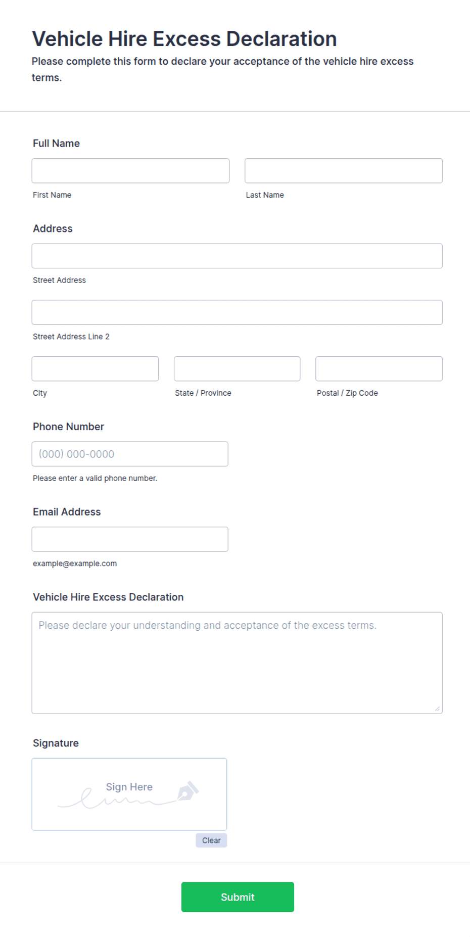 Vehicle Hire Excess Declaration Form Template | Jotform
