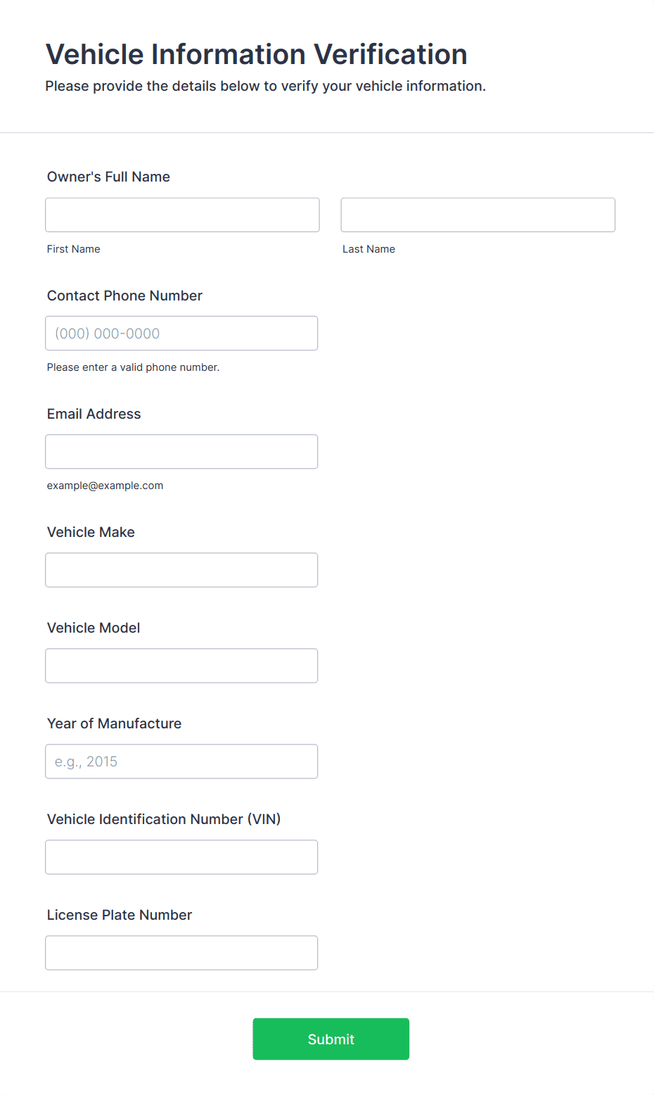 Vehicle Information Verification Form Template | Jotform