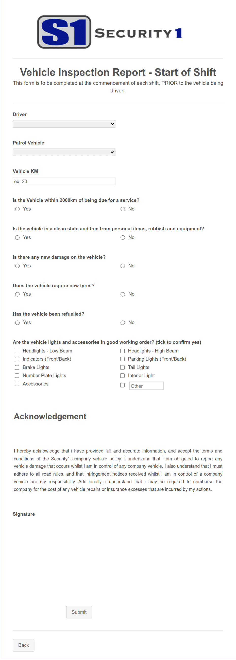 Vehicle Inspection Report - Start of Shift Form Template | Jotform
