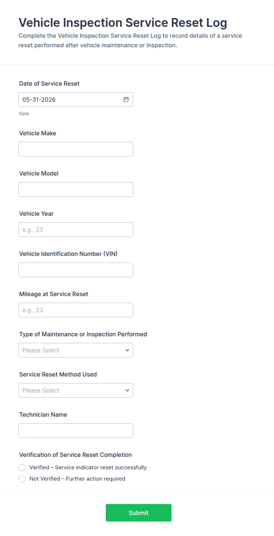 Vehicle Inspection Service Reset Log Form Template | Jotform