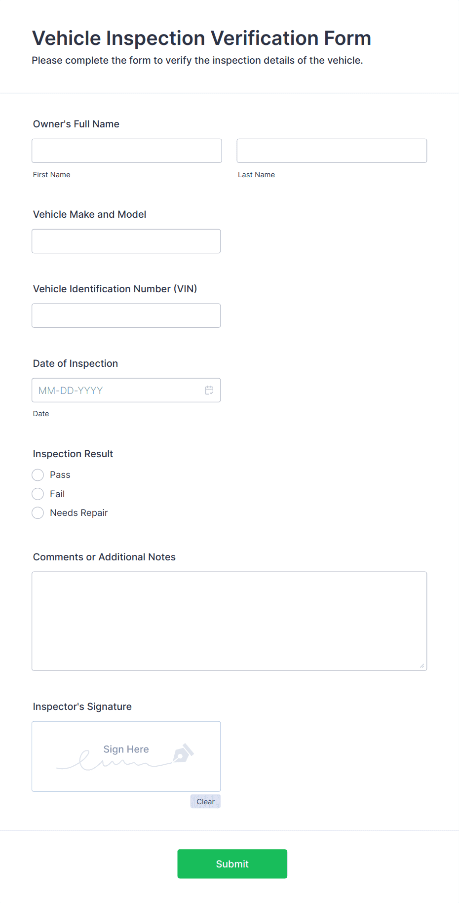 Vehicle Inspection Verification Form Template | Jotform