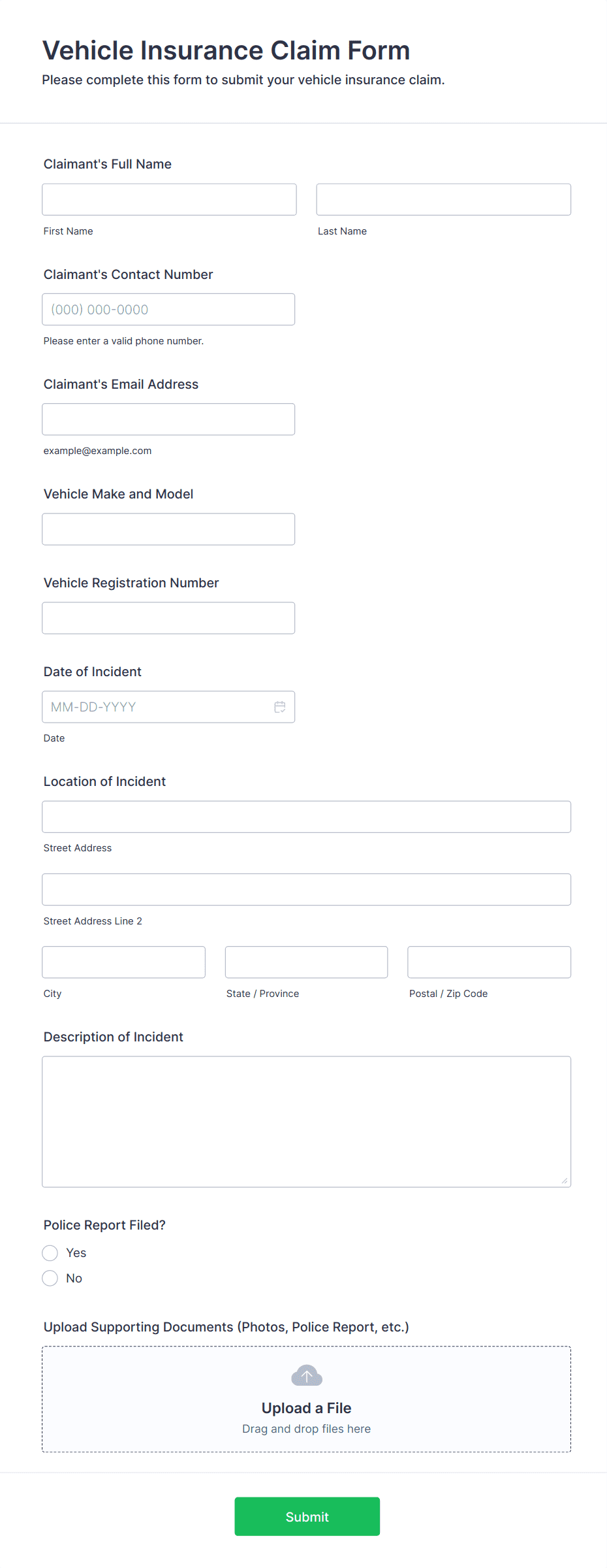 Vehicle Insurance Claim Form Template | Jotform