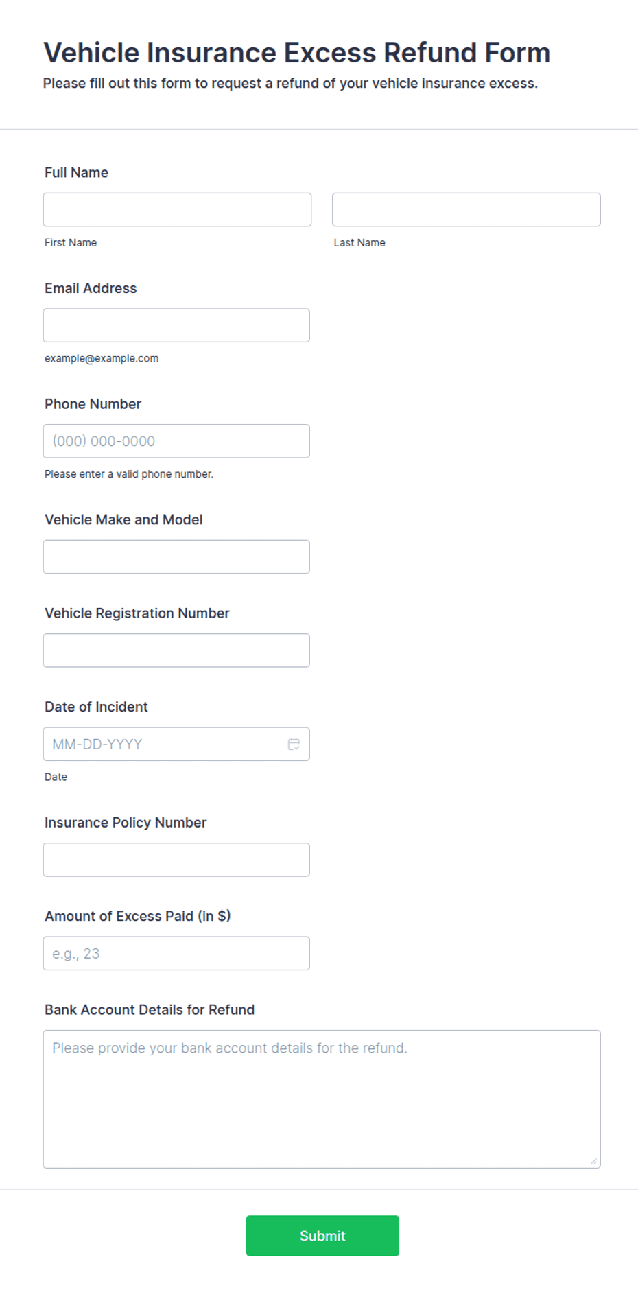 Vehicle Insurance Excess Refund Form Template | Jotform