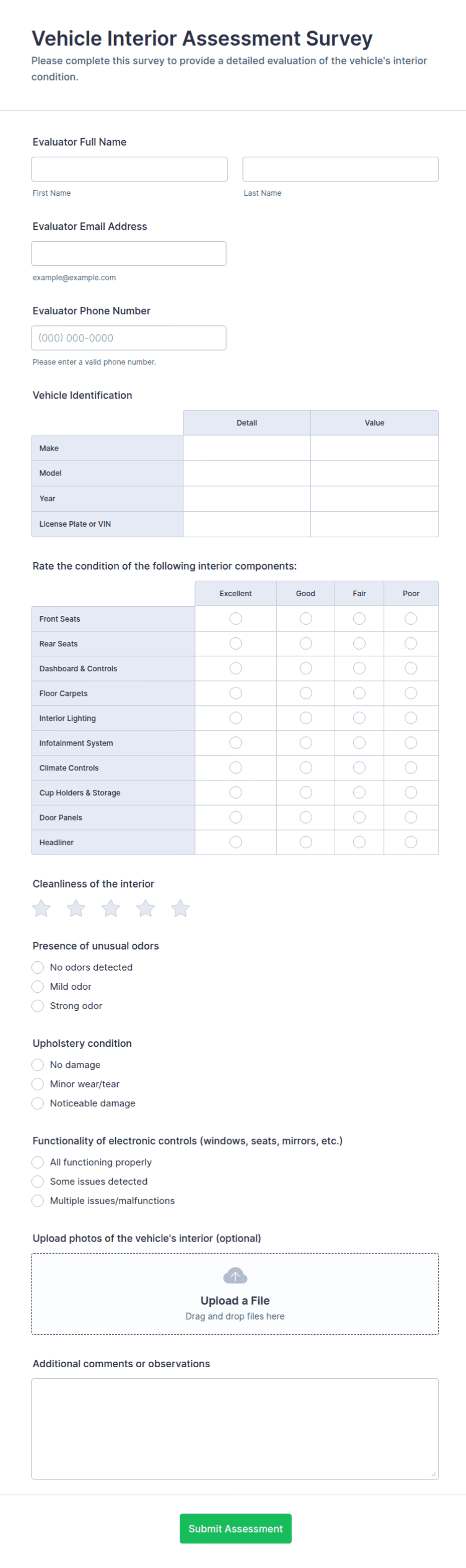 Vehicle Interior Assessment Survey Form Template | Jotform