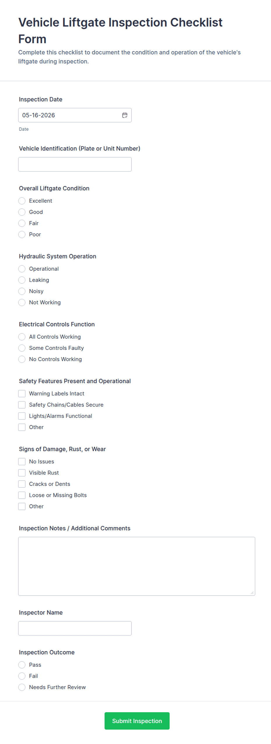 Vehicle Liftgate Inspection Checklist Form Template | Jotform