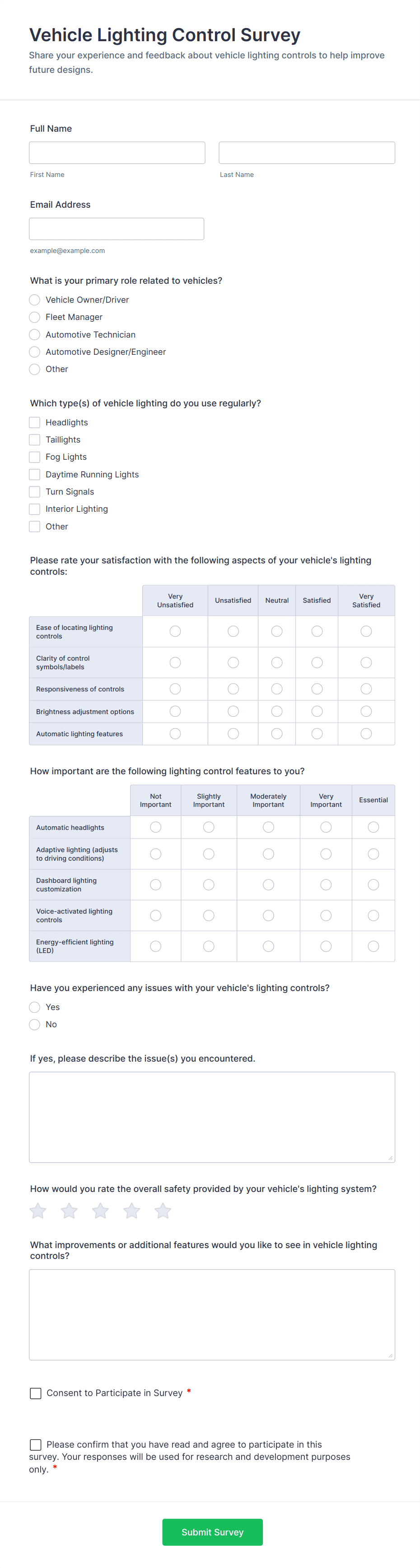 Vehicle Lighting Control Survey Form Template | Jotform