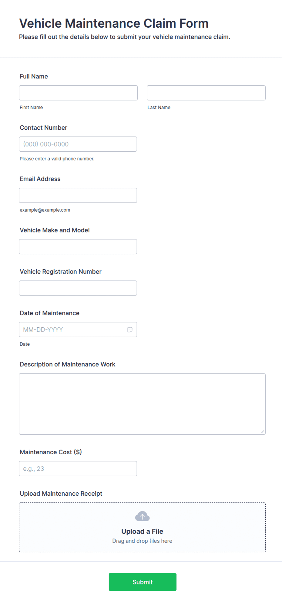 Vehicle Maintenance Claim Form Template | Jotform