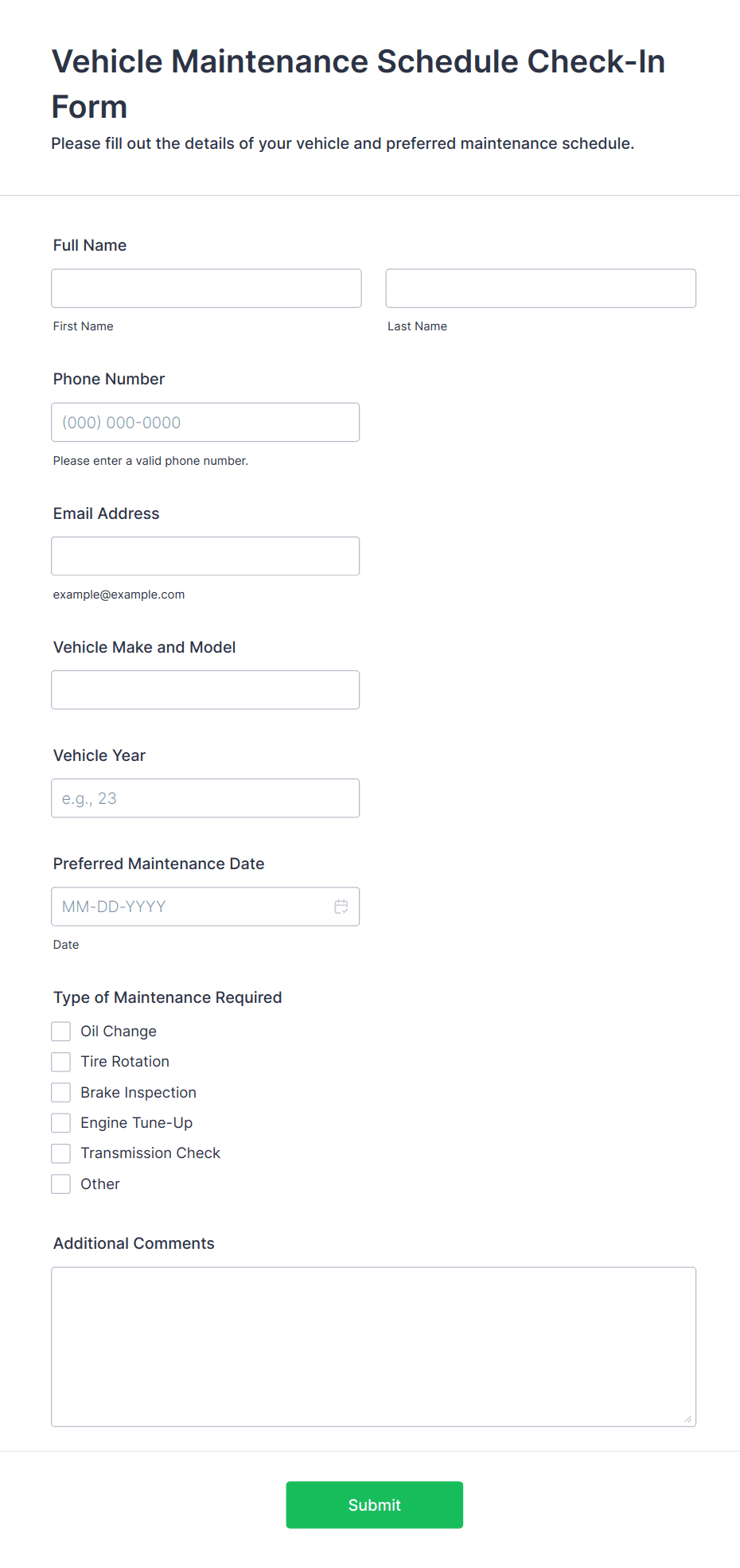 Vehicle Maintenance Schedule Check-In Form Template | Jotform