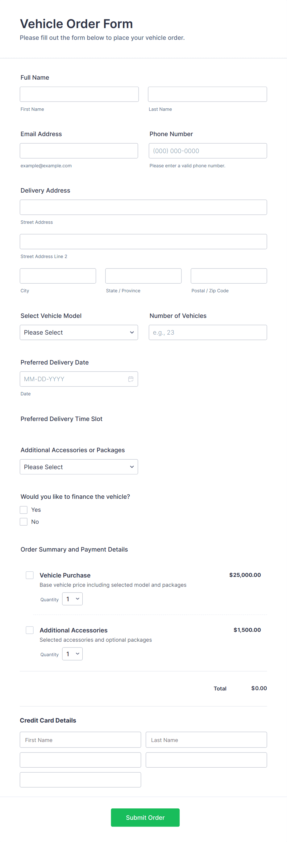 Vehicle Order Form Template | Jotform