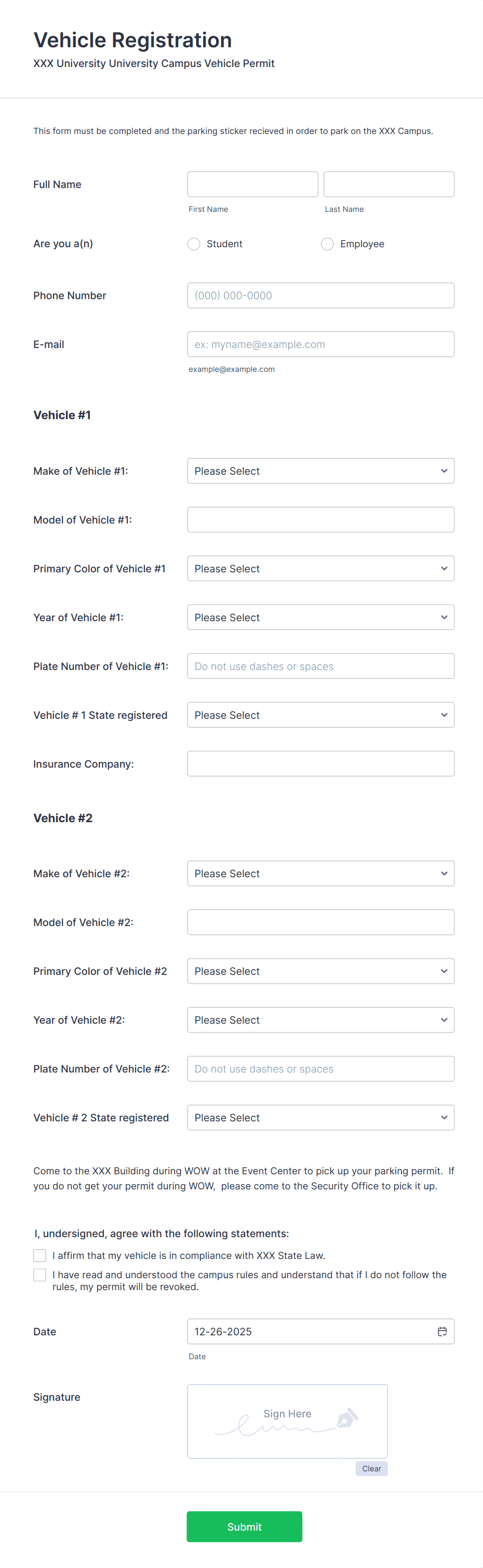 Vehicle Registration-Parking Permit Form Template | Jotform