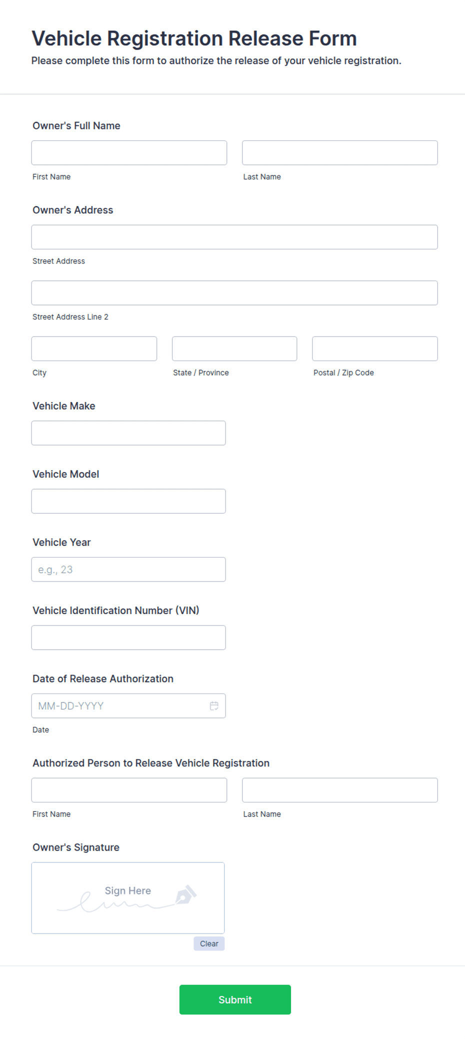 Vehicle Registration Release Form Template | Jotform