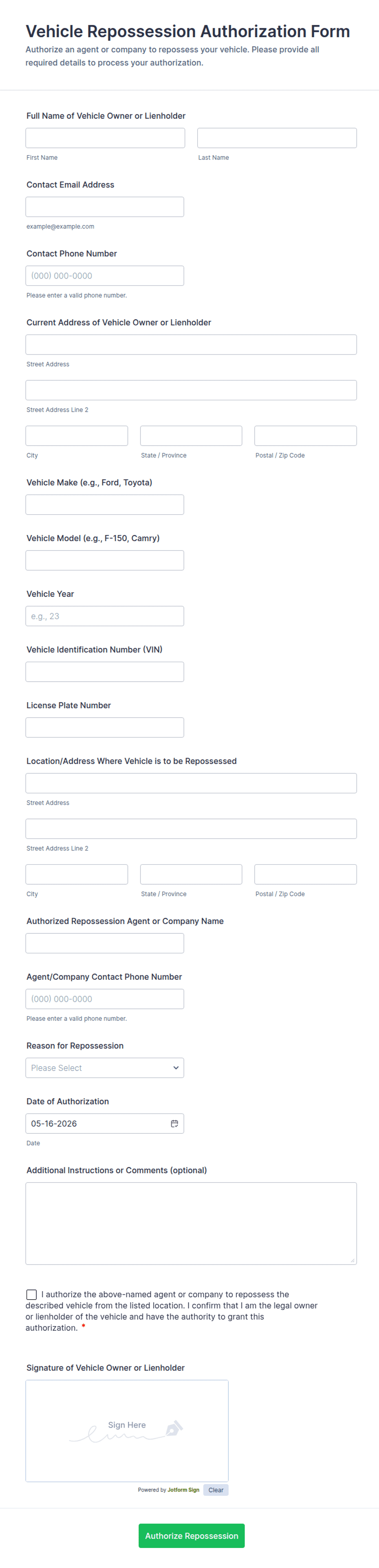 Vehicle Repossession Authorization Form Template | Jotform