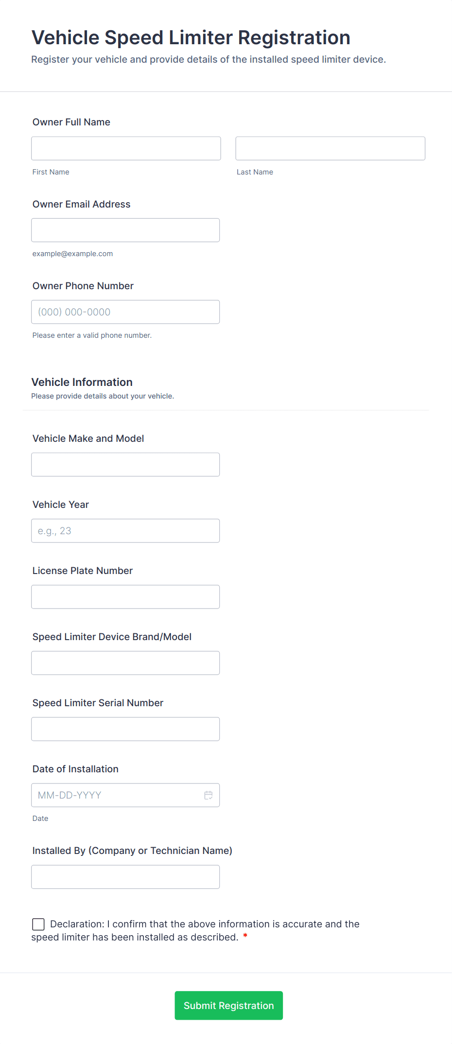 Vehicle Speed Limiter Registration Form Template | Jotform