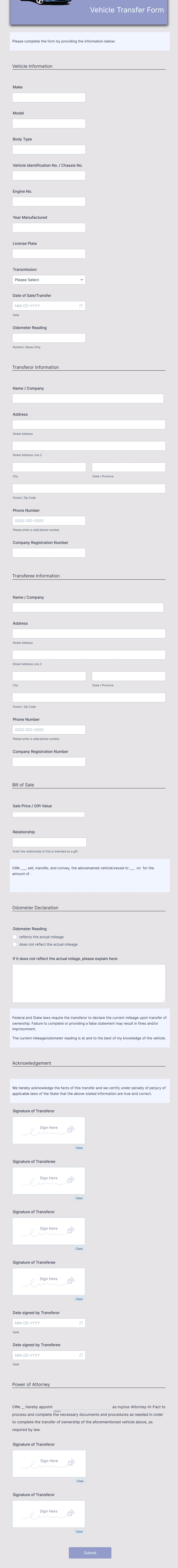 Vehicle Transfer Form Template | Jotform
