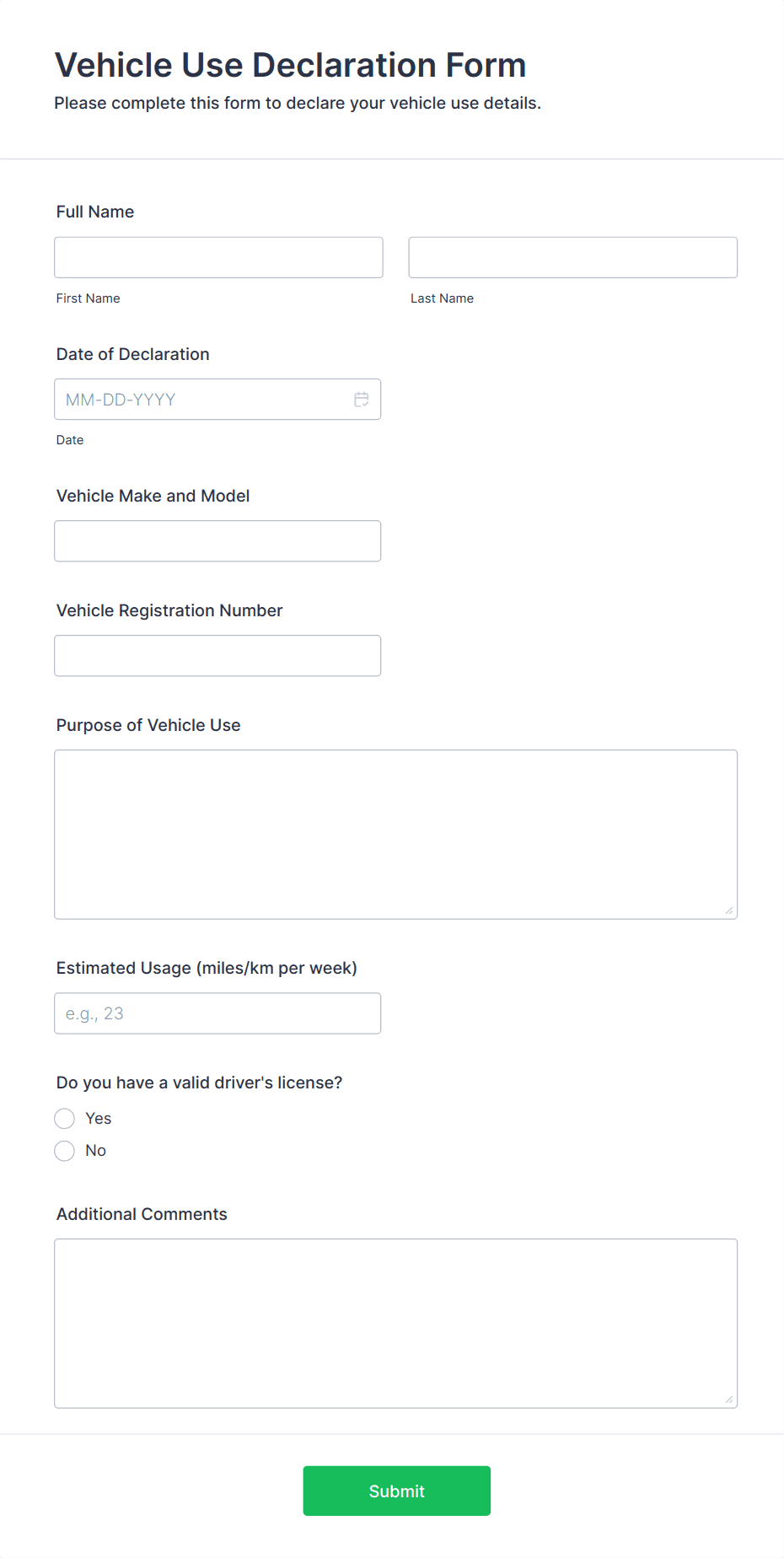 Vehicle Use Declaration Form Template | Jotform