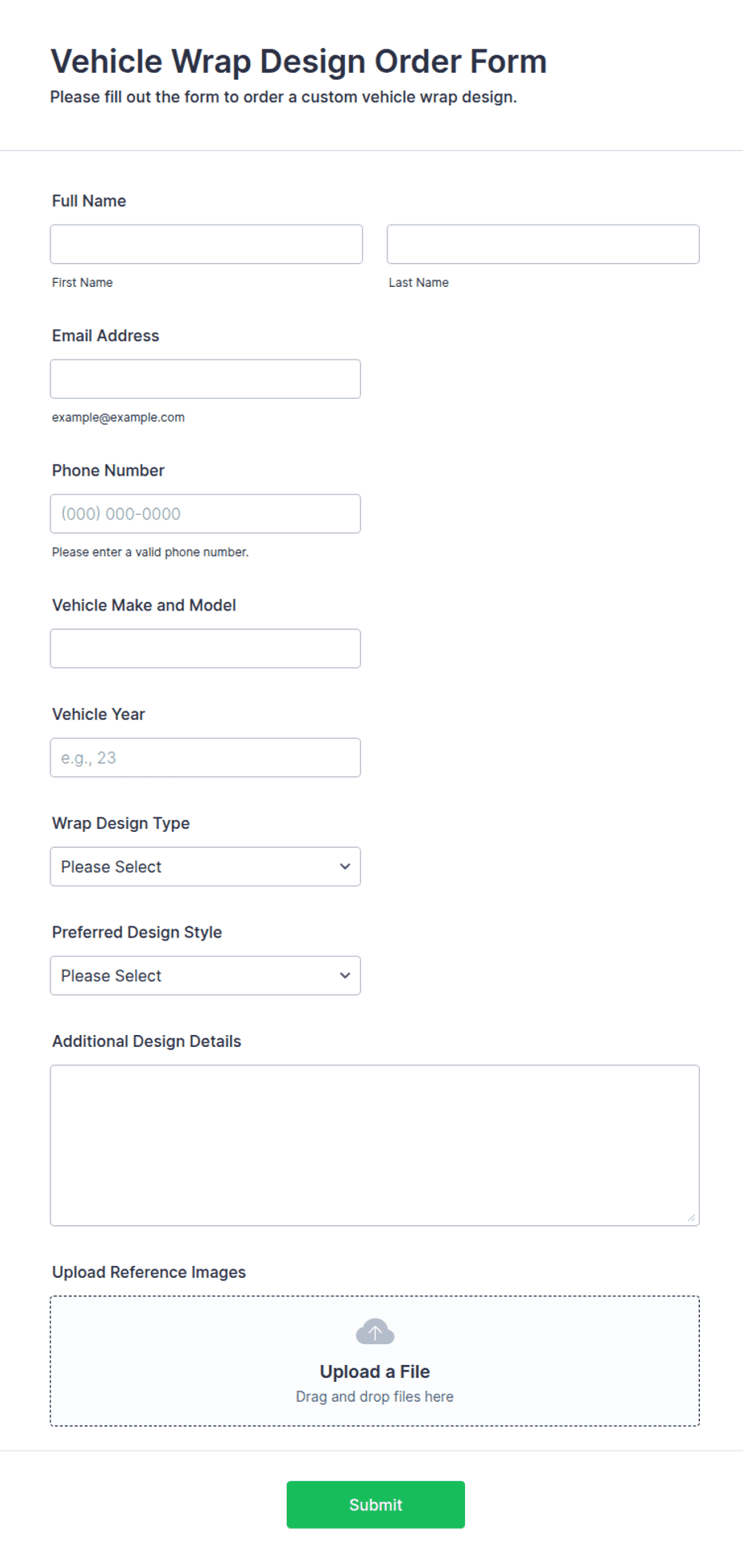 Vehicle Wrap Design Order Form Template | Jotform