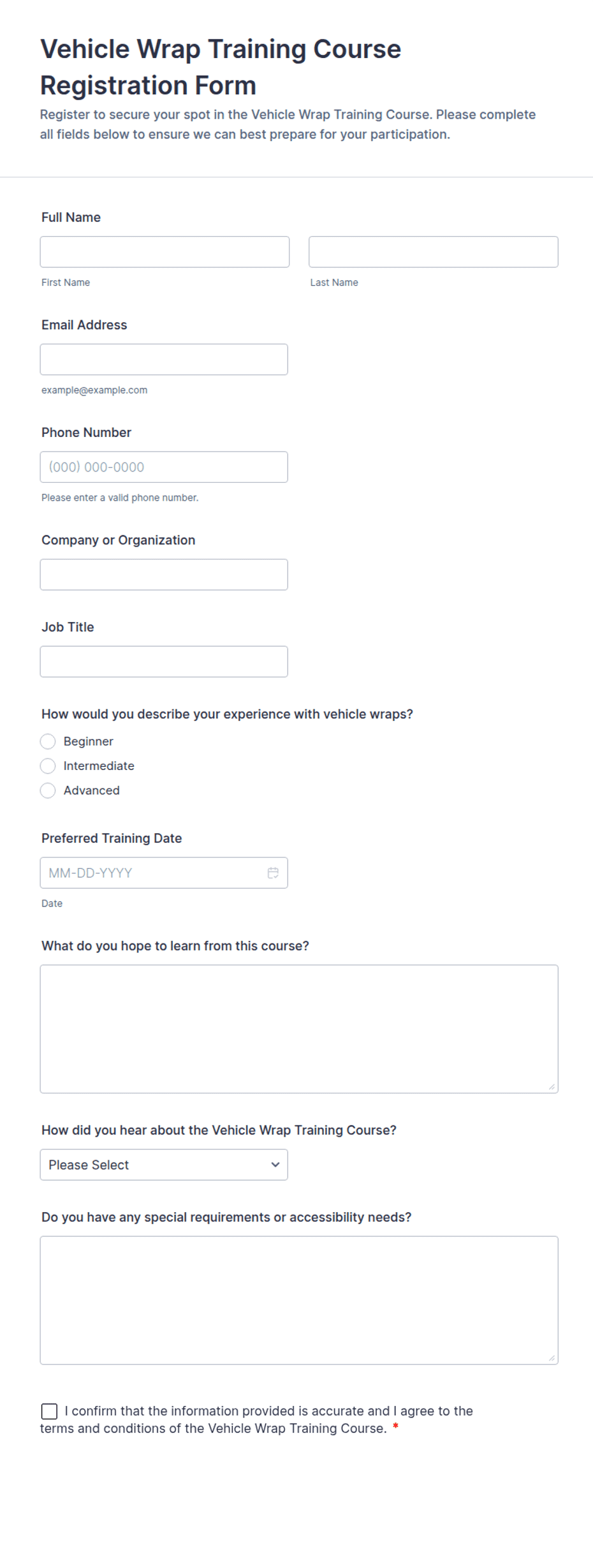 Vehicle Wrap Training Course Registration Form Template | Jotform