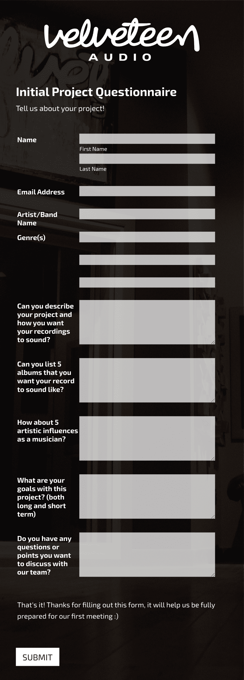 Audio Initial Project Questionnaire Form Template | Jotform