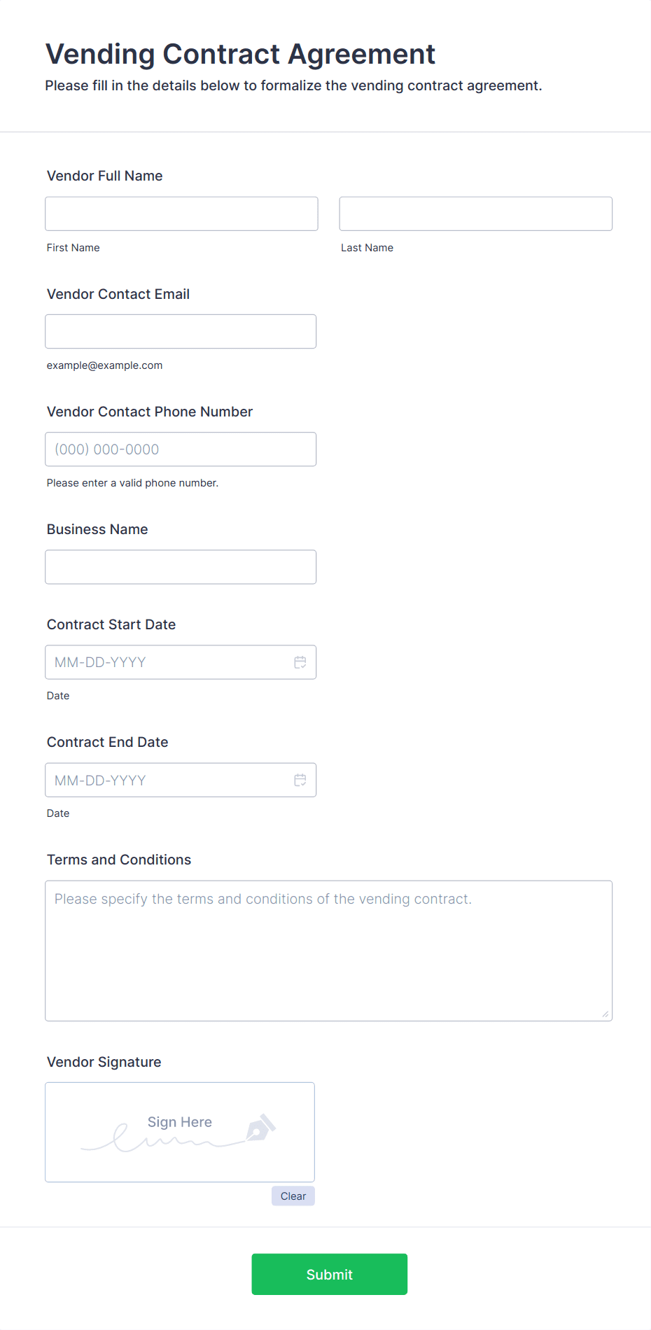 Vending Contract Agreement Form Template | Jotform