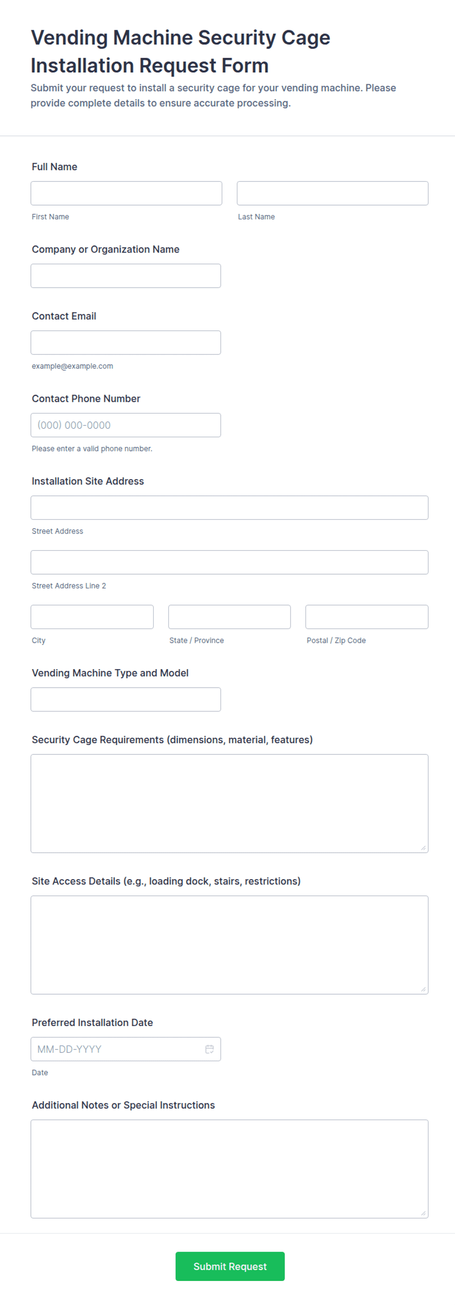 Vending Machine Security Cage Installation Request Form Template | Jotform