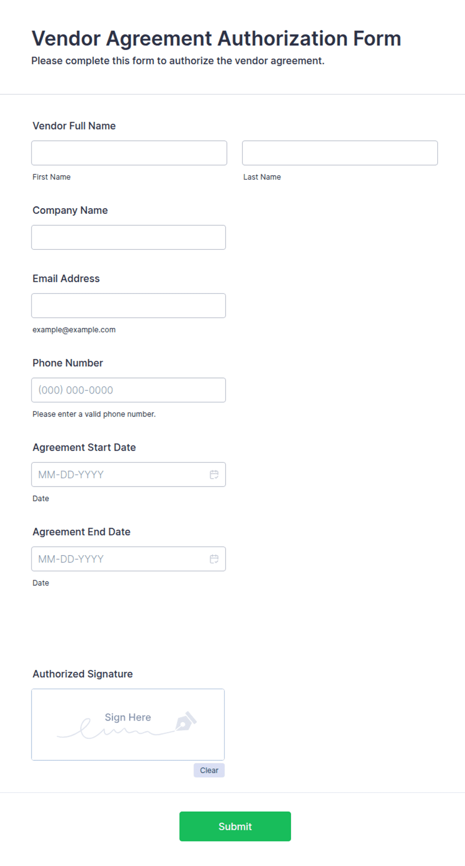 Vendor Agreement Authorization Form Template | Jotform