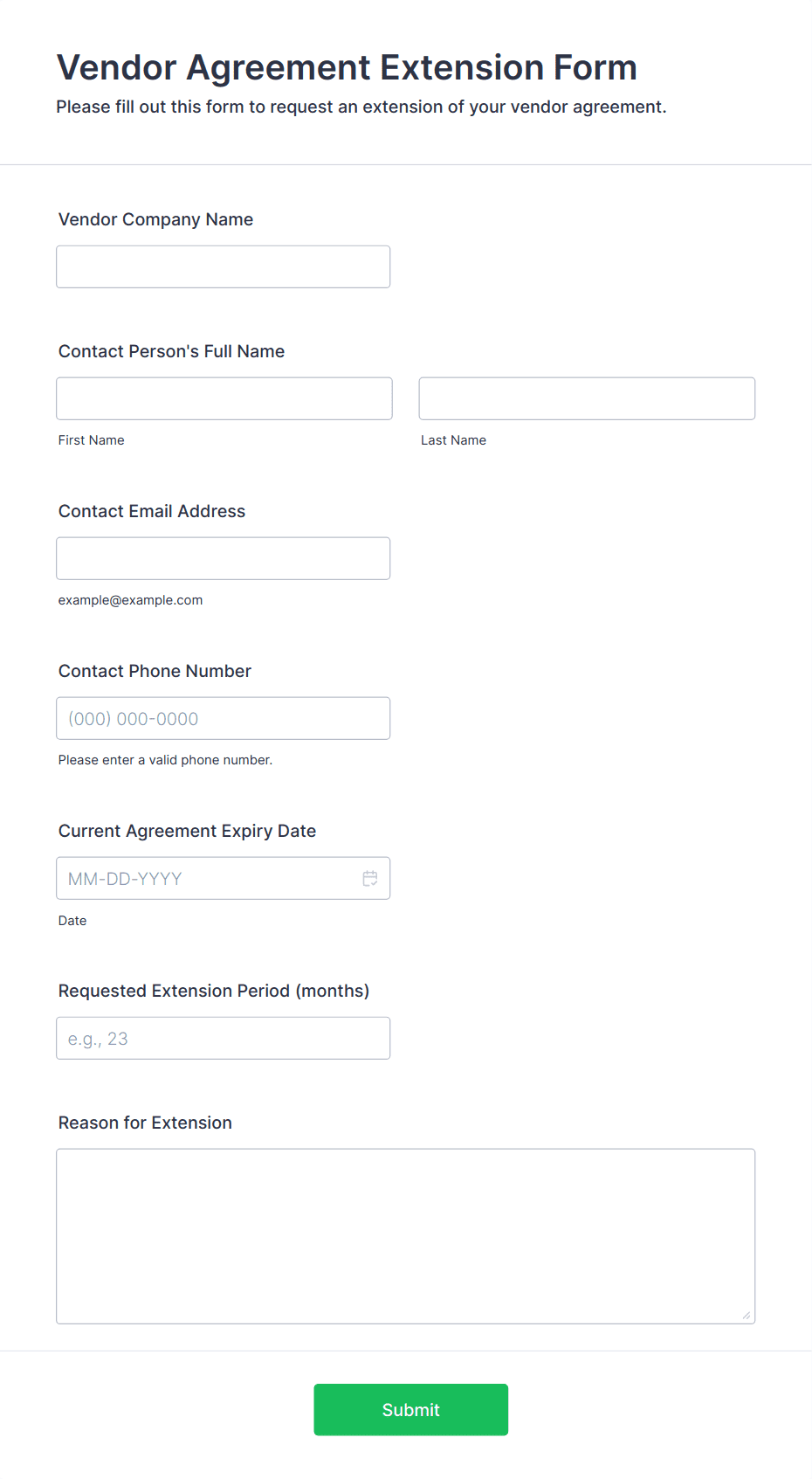 Vendor Agreement Extension Form Template | Jotform