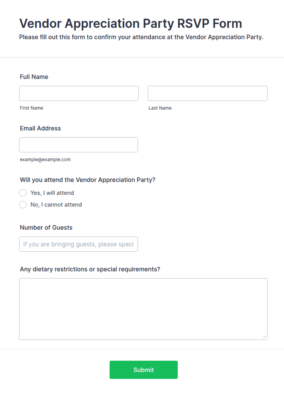 Vendor Appreciation Party RSVP Form Template | Jotform