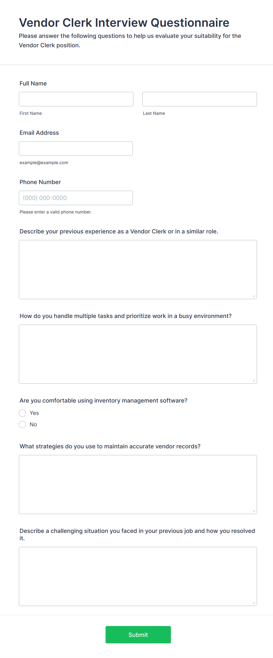 Vendor Clerk Interview Questionnaire Form Template | Jotform