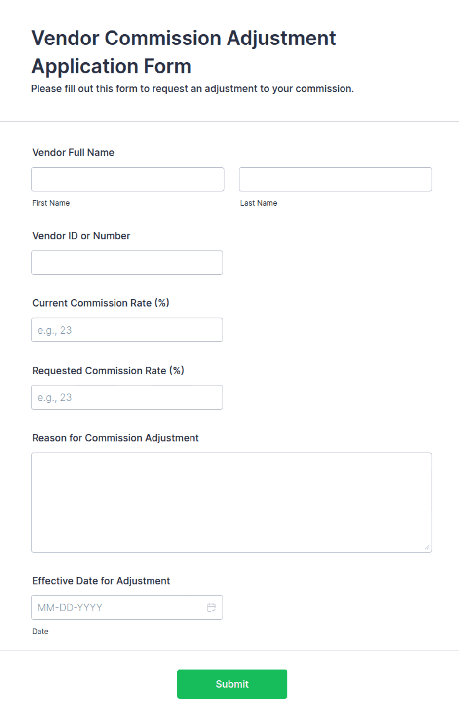 Vendor Commission Adjustment Application Form Template | Jotform