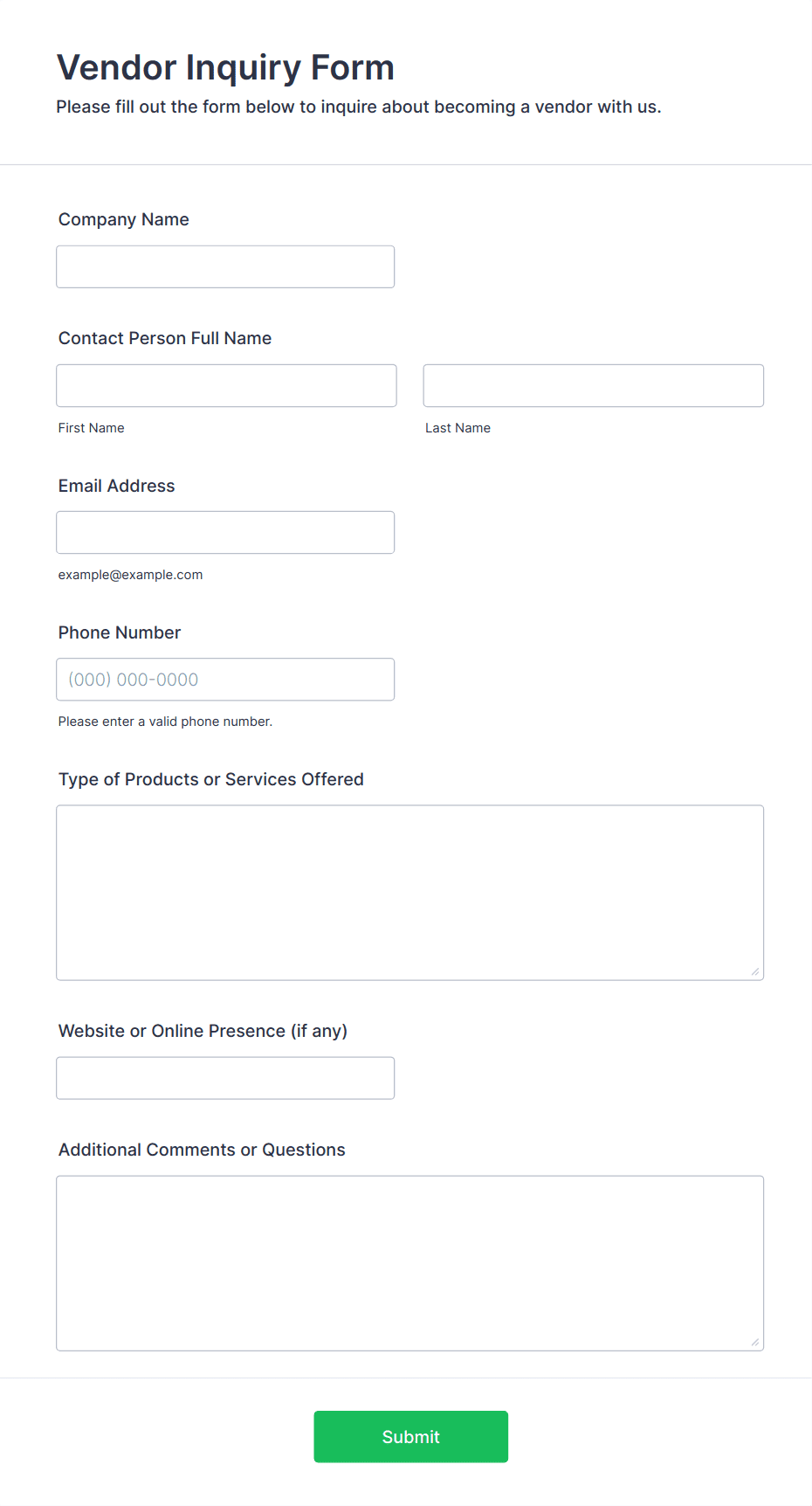 Vendor Inquiry Form Template | Jotform