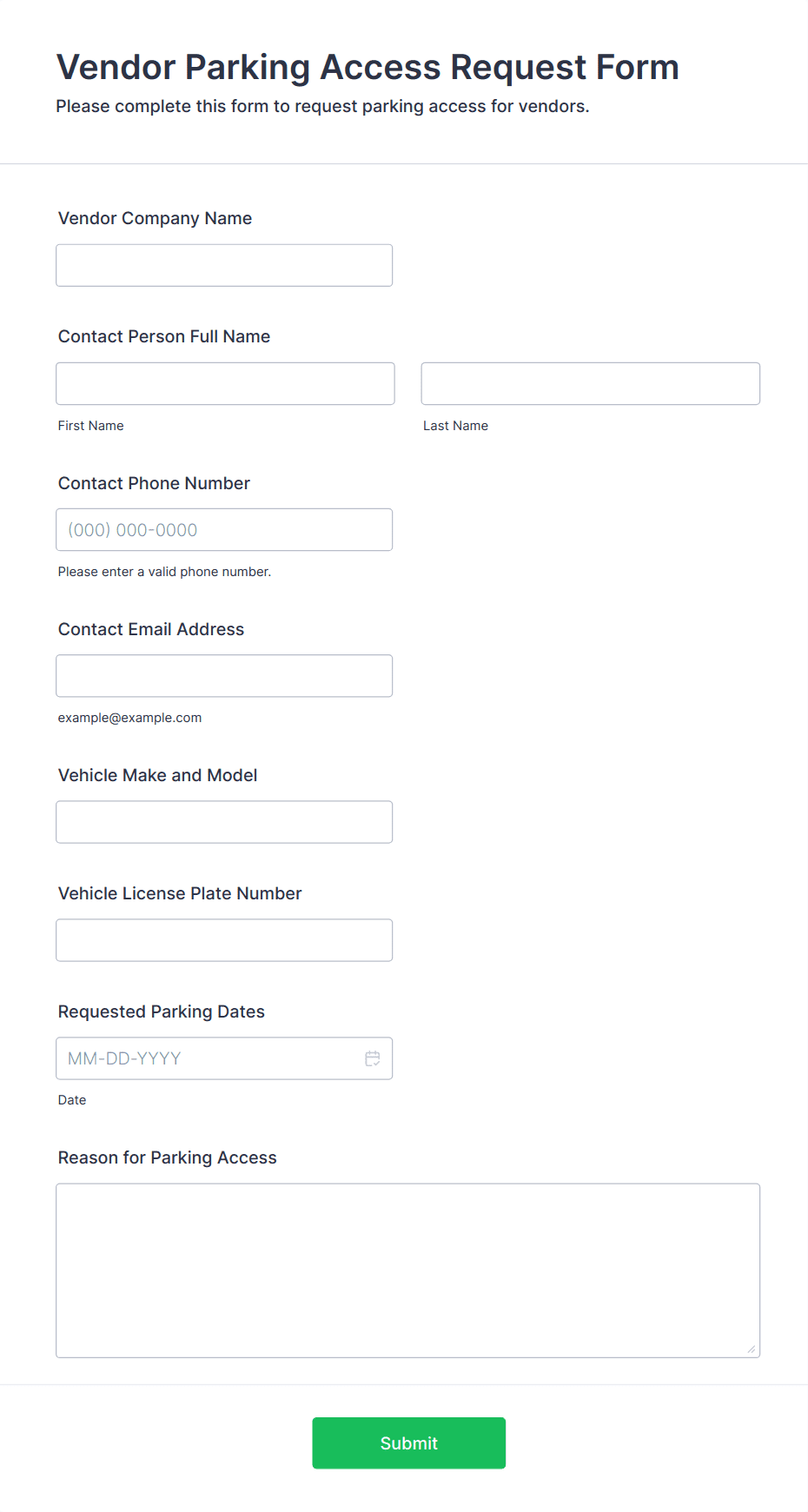 Vendor Parking Access Request Form Template | Jotform