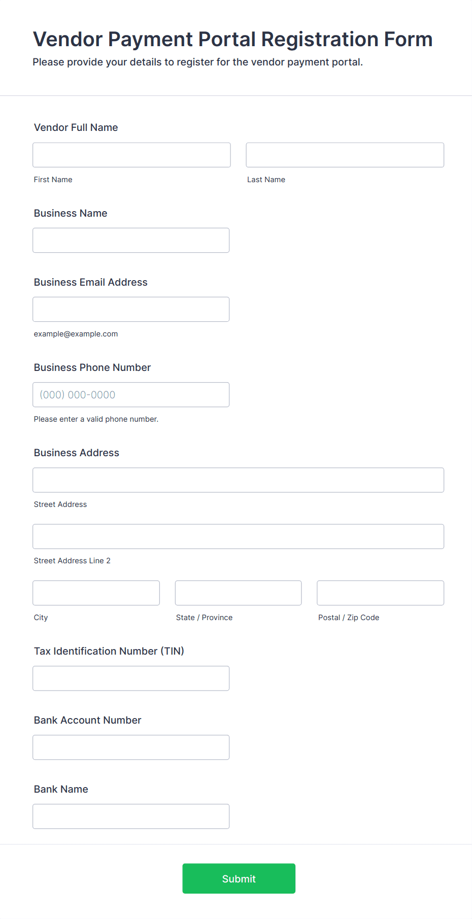 Vendor Payment Portal Registration Form Template | Jotform