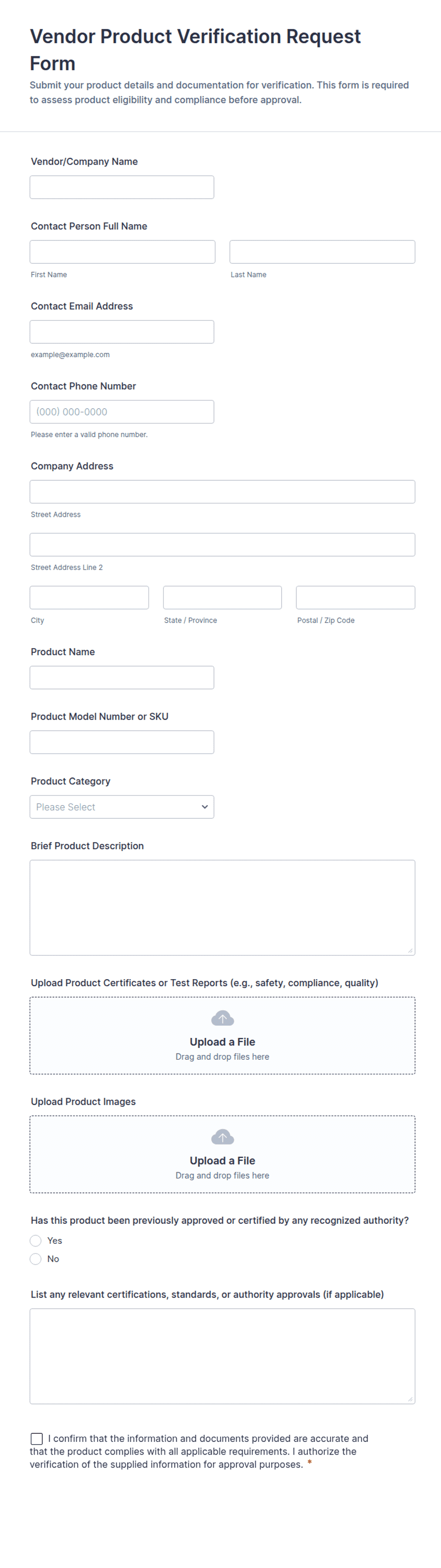 Vendor Product Verification Request Form Template | Jotform