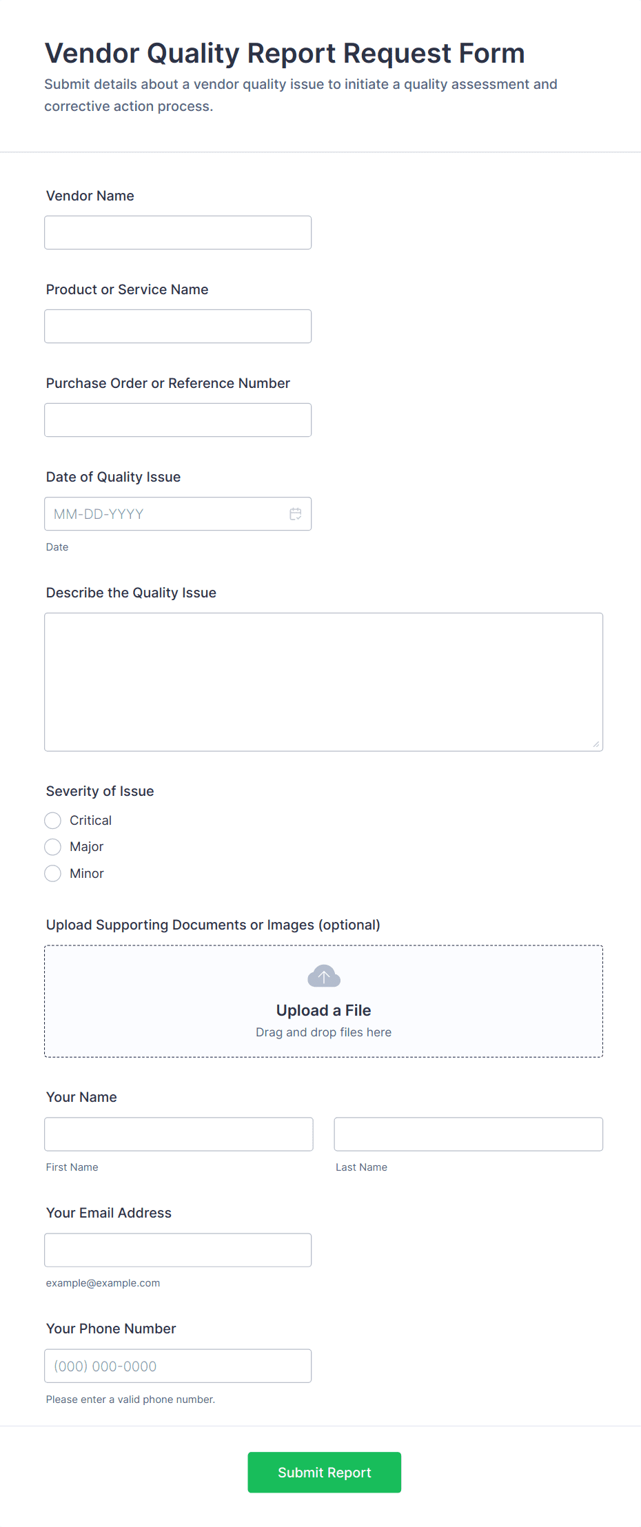 Vendor Quality Report Request Form Template | Jotform