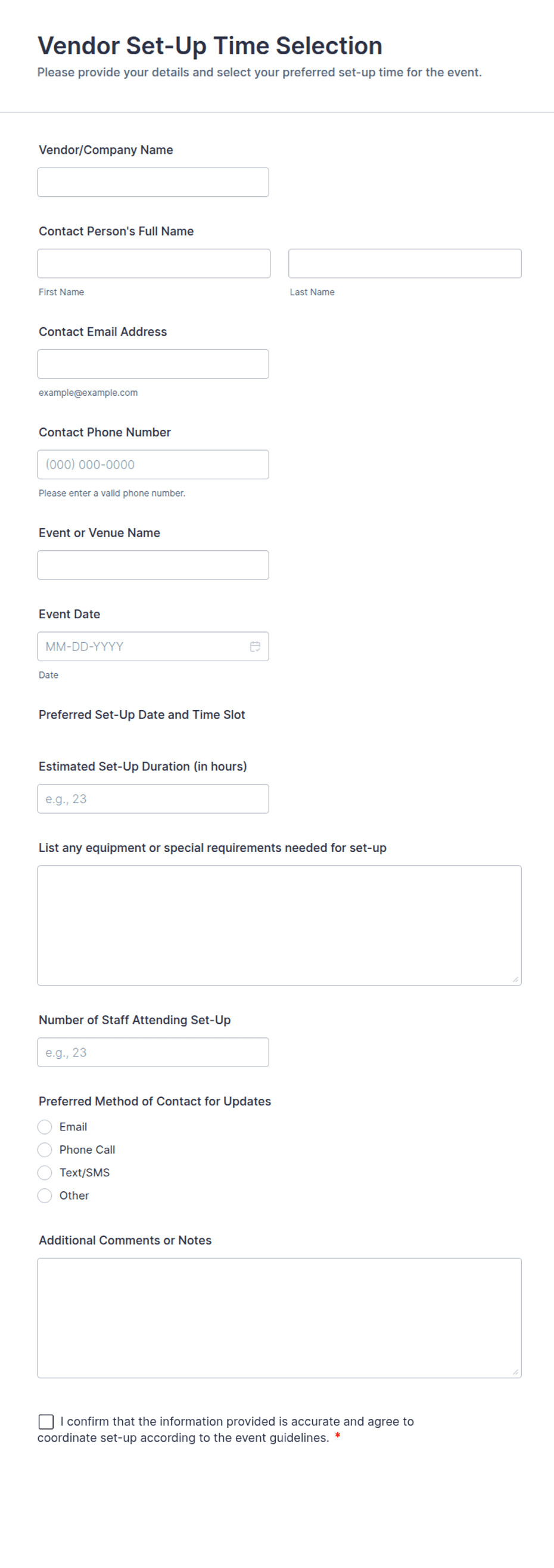Vendor Set-Up Time Selection Form Template | Jotform