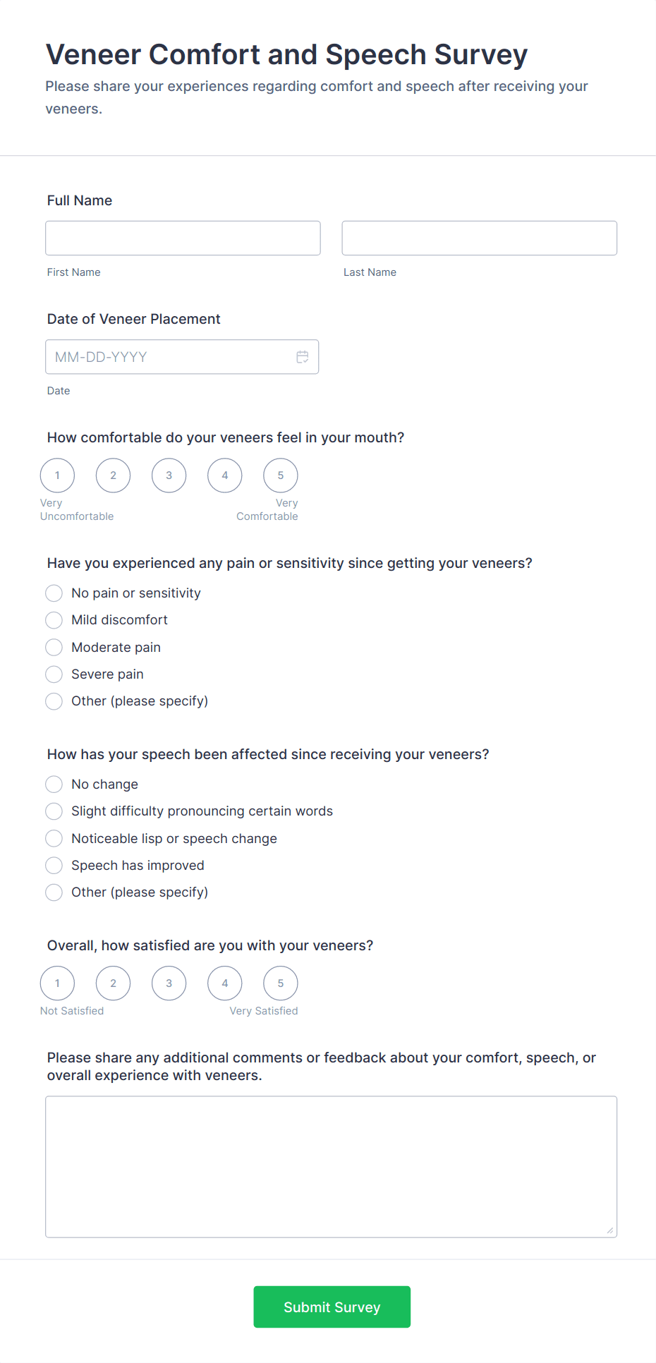Veneer Comfort and Speech Survey Form Template | Jotform