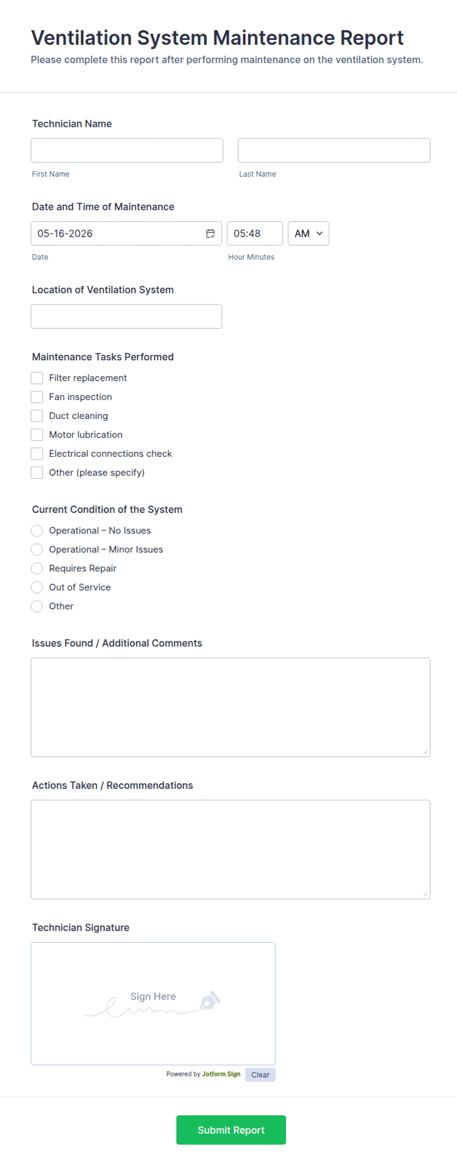 Ventilation System Maintenance Report Form Template | Jotform