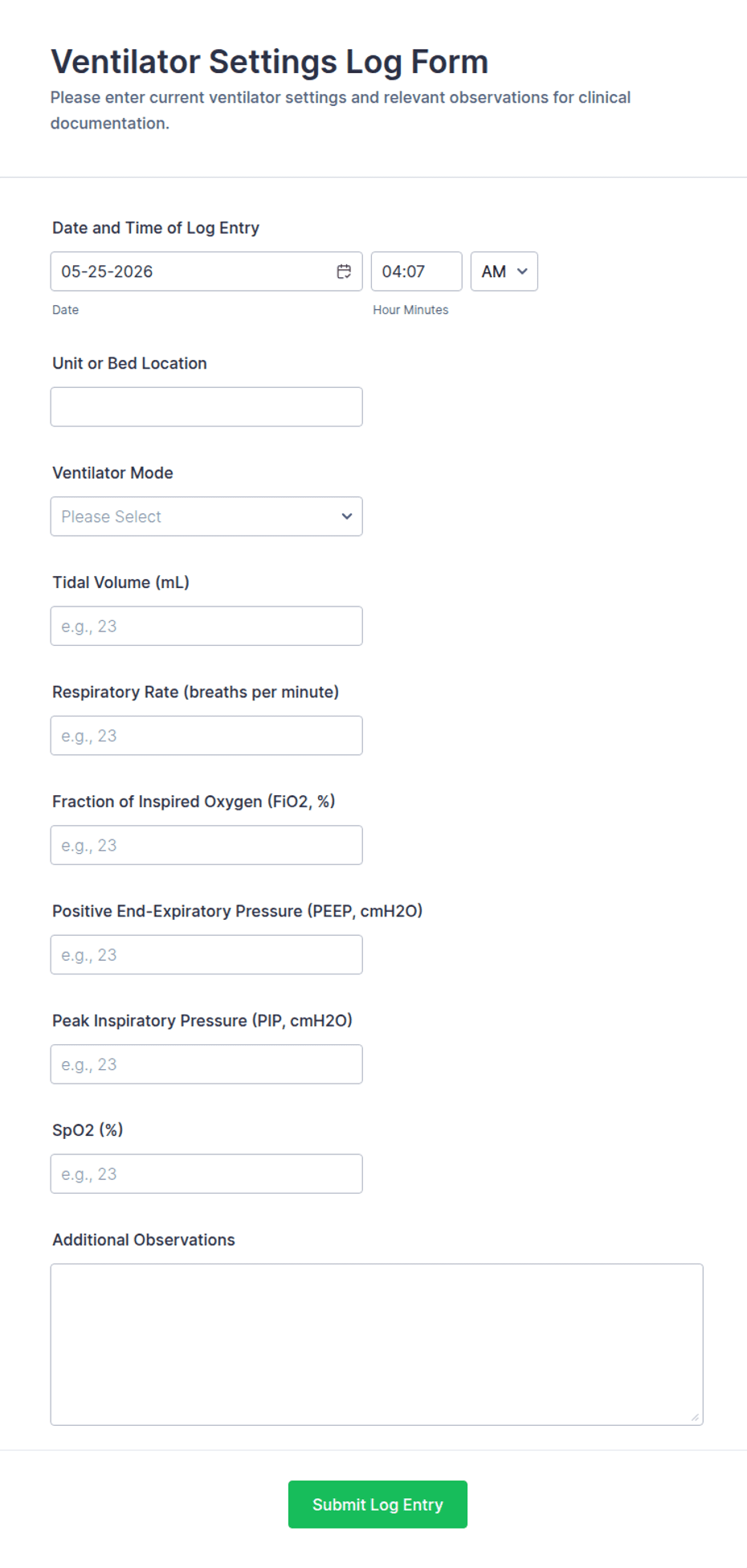 Ventilator Settings Log Form Template | Jotform