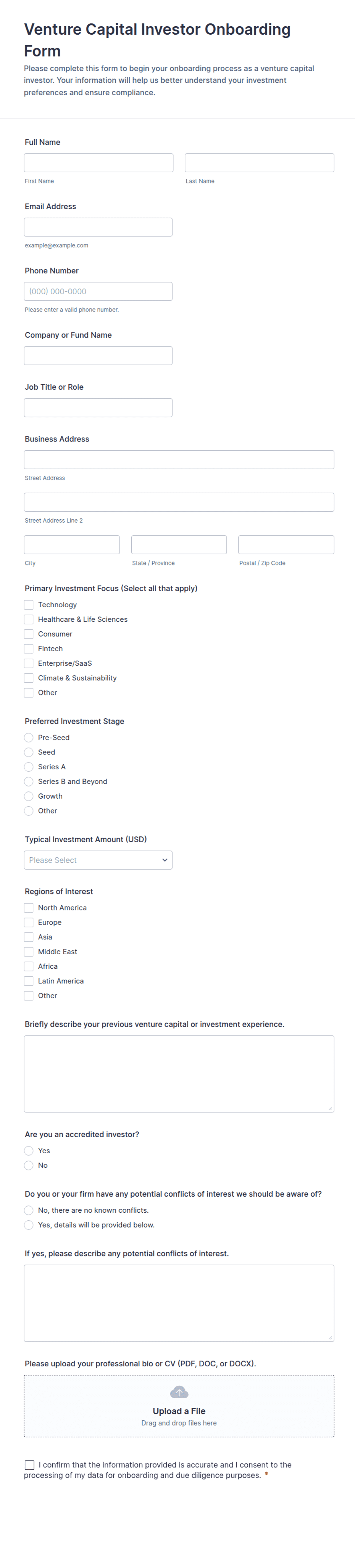 Venture Capital Investor Onboarding Form Template | Jotform
